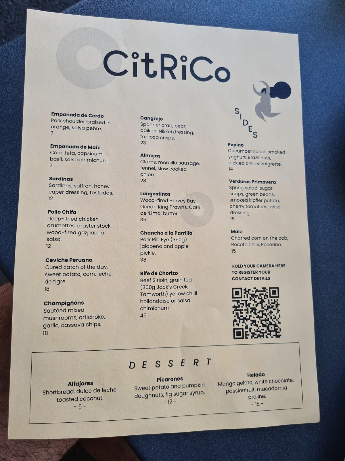 Menu at Citrico restaurant, Fitzroy North