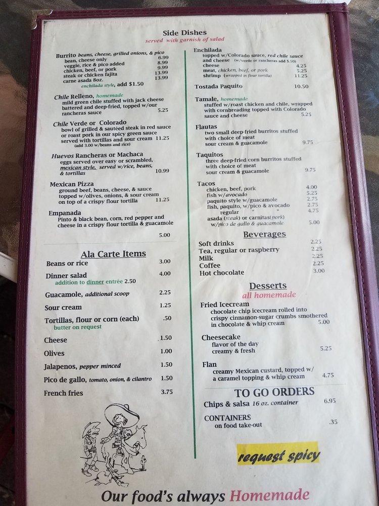 Menu at Compadres restaurant, Dayton