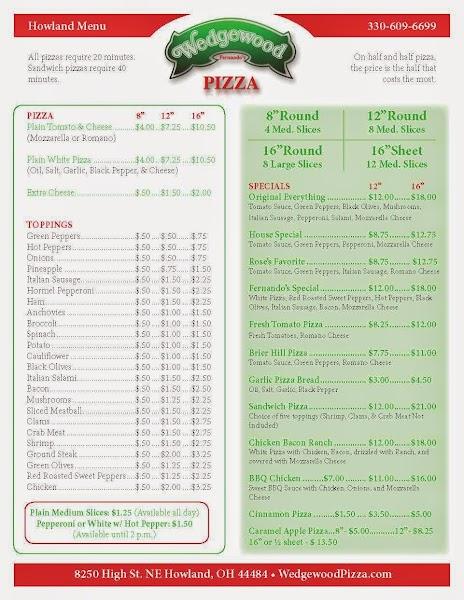 Menu at Wedgewood Fernando's Pizza pizzeria, Warren