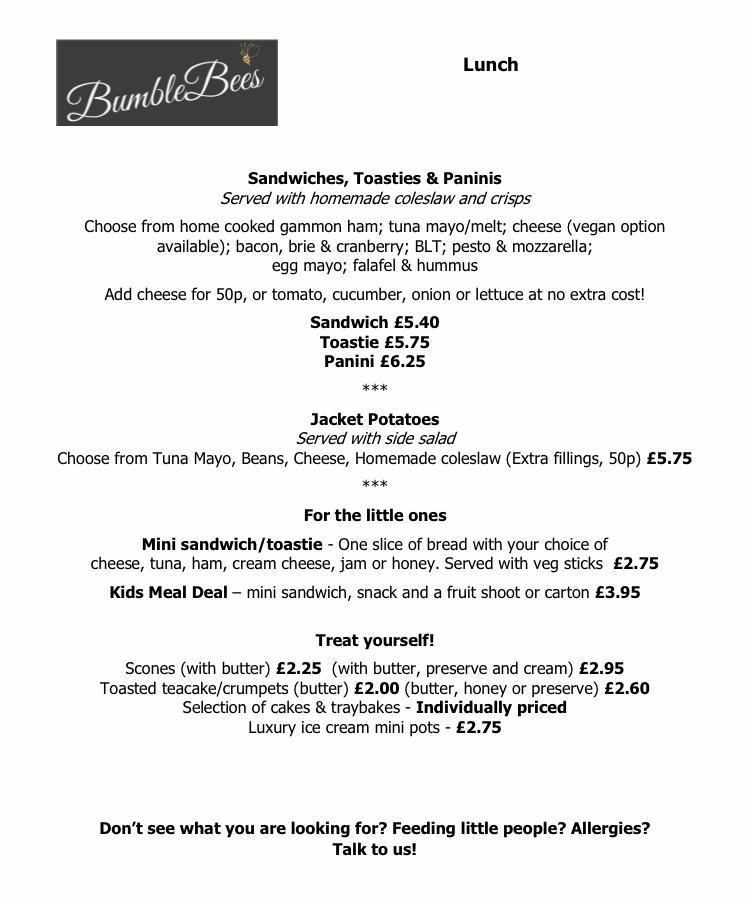 Menu at Bumblebees, Derby