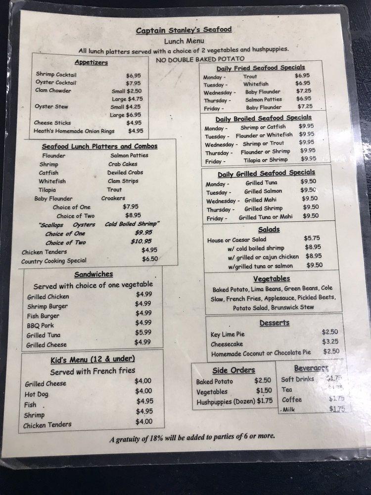 Menu at Captain Stanley's Seafood restaurant, Raleigh, S Wilmington St
