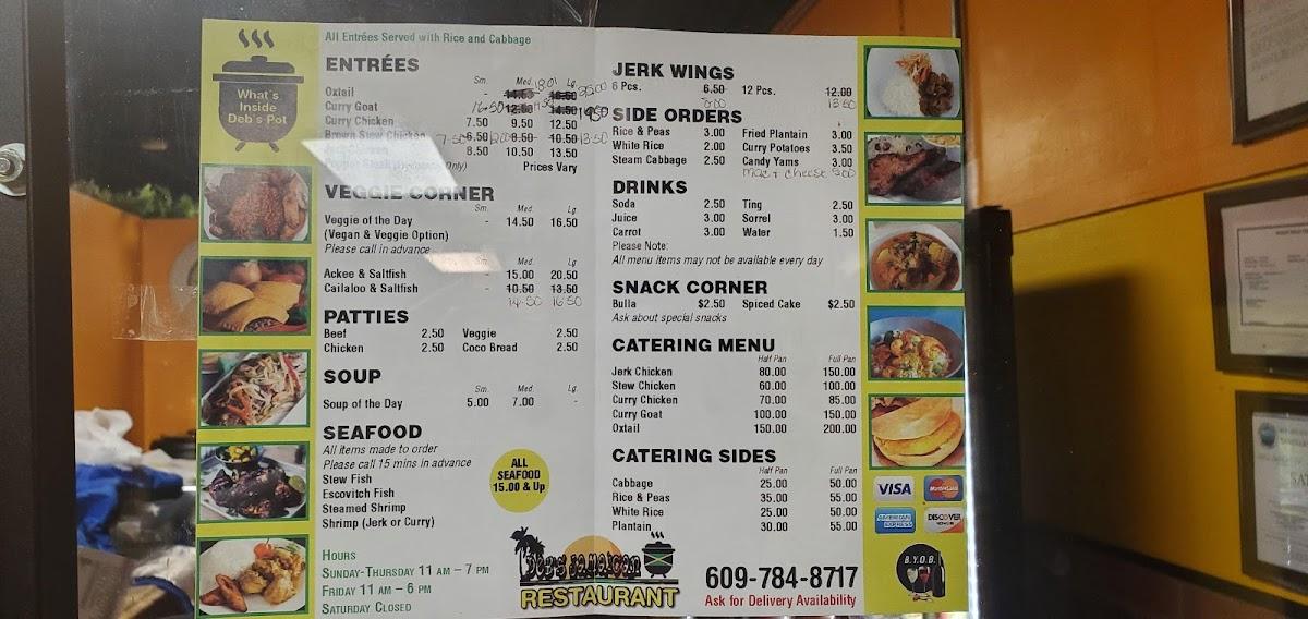 Menu at Deb's Jamaican pot restaurant, Mount Holly