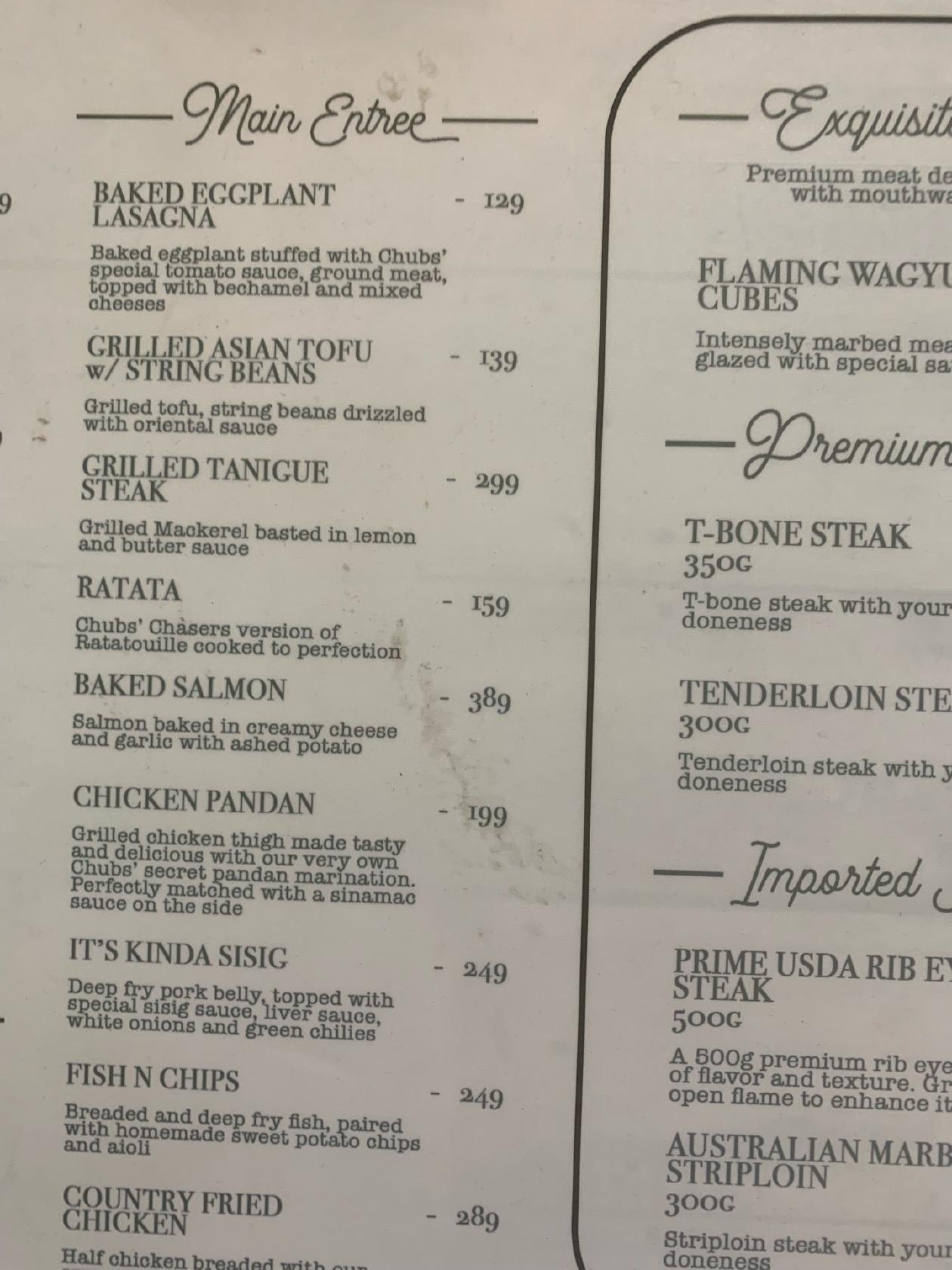 Menu at Chub Chasers restaurant, Quezon City, M24M+C3J