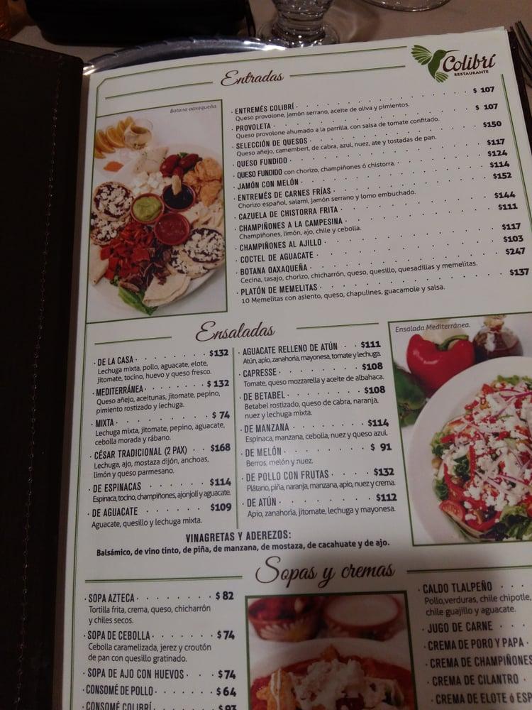 Menu at Restaurante Colibrí, Oaxaca