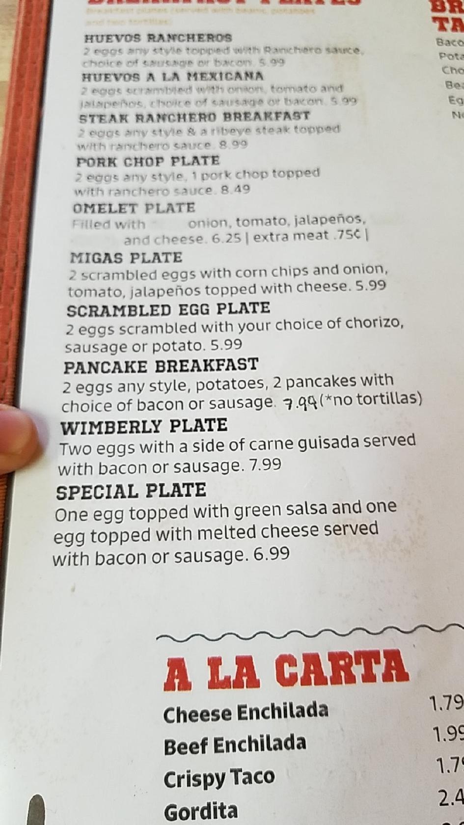 Menu at Durango Restaurant, Wimberley