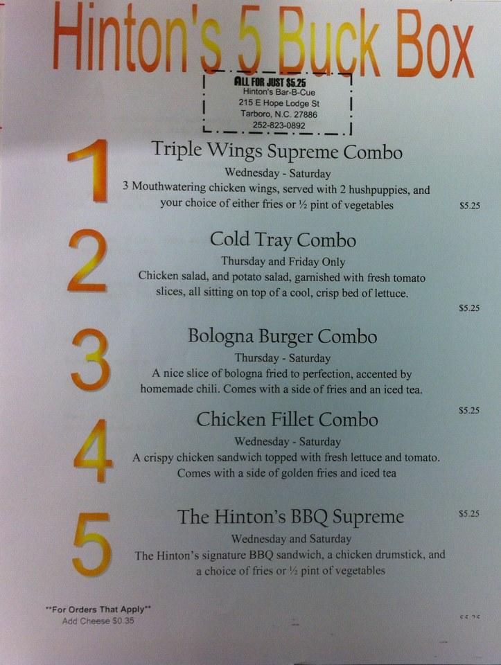 Menu at Hinton's Barbecue, Tarboro