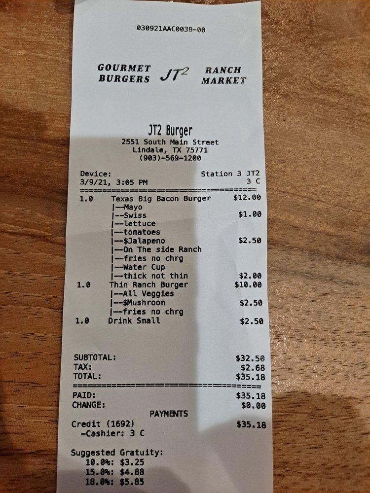 Menu at JT2 Gourmet Burgers & Ranch Market restaurant, Lindale