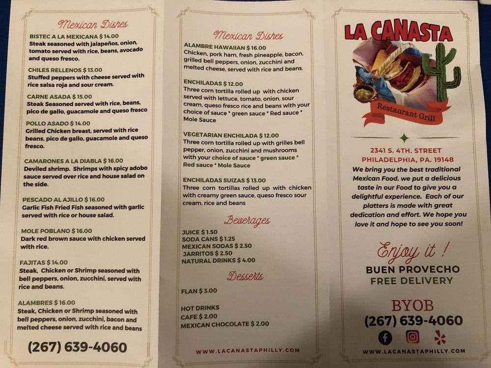 Menu at La Canasta Mexican Food restaurant, Philadelphia