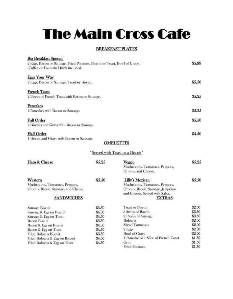 Menu at Main Cross Street Café desserts, Hawesville