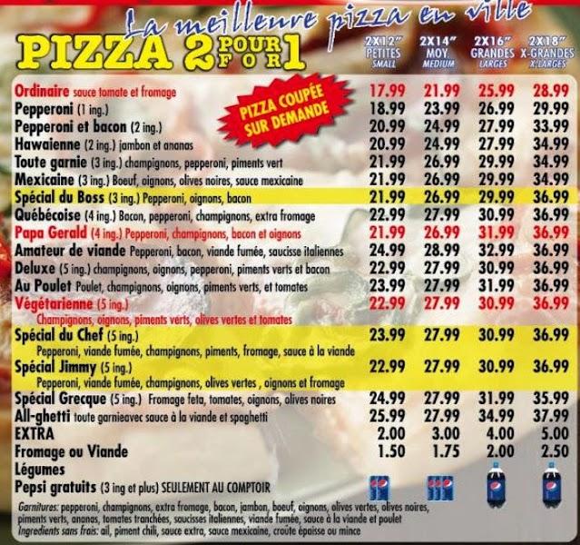 Menu au Pizzéria Papa Gérald pizzeria, Les Coteaux, 290 QC-338