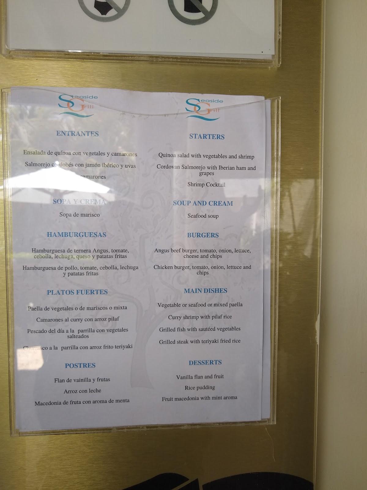 Menu at Seaside Grill restaurant, Punta Cana, MHJQ+35J
