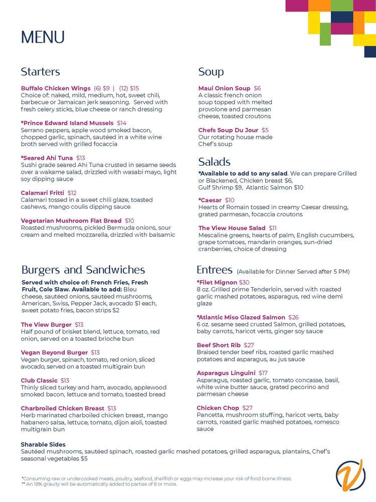 Menu at The View at Colony West restaurant, Tamarac