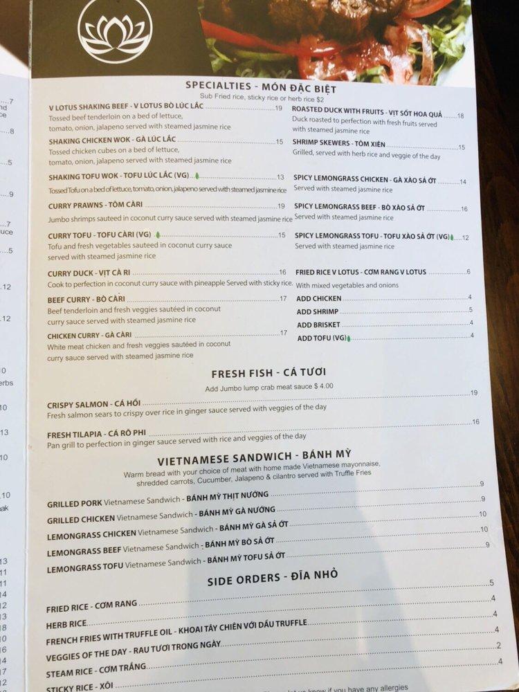 Menu at V Lotus restaurant, Sugar Land