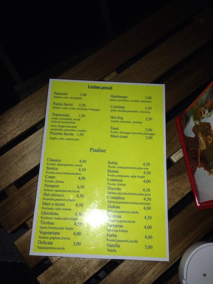 Menu at Al Chiosco piadineria la sosta, Gorizia
