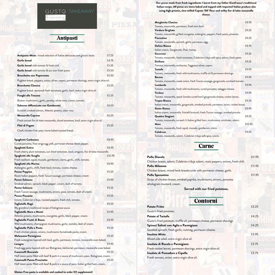 Menu at Gusto da Gianni restaurant, Hull