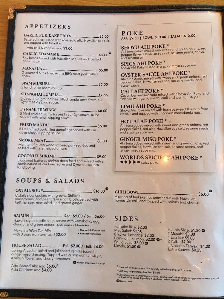 Menu at Kama'aina restaurant, Forest Grove