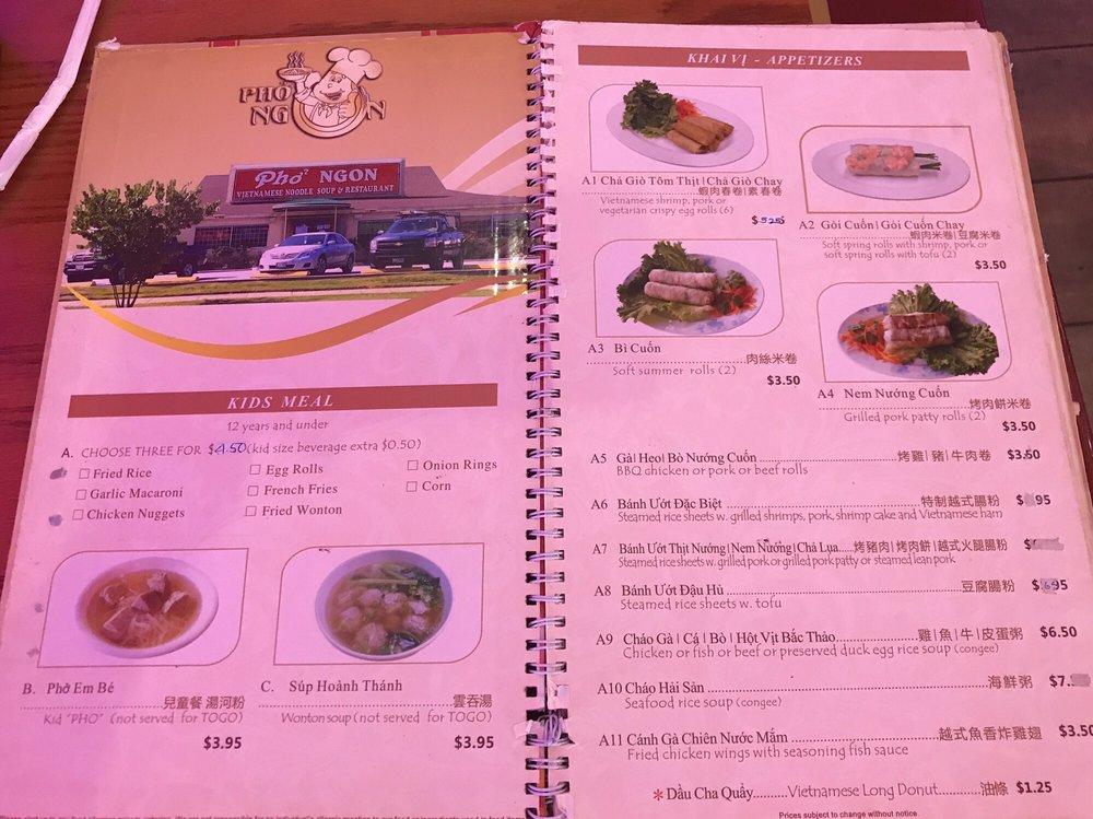 Menu at Phở Ngon restaurant, Houston, Bellaire Blvd