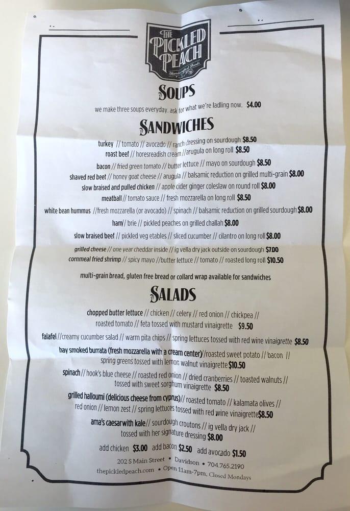 Menu at The Pickled Peach restaurant, Davidson