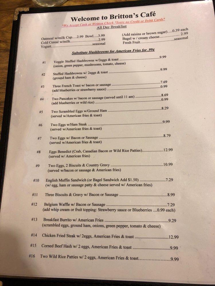 Menu at Britton's Café Inc. cafe, Ely