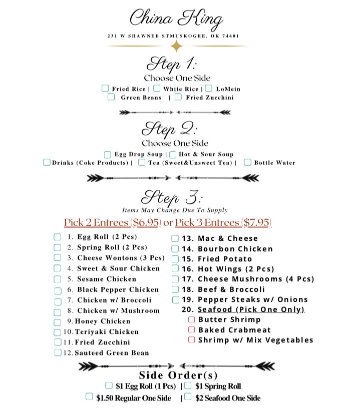 Menu at China King Super Buffet restaurant, Muskogee