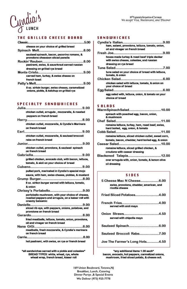 Menu at Cyndia's cafe, Totowa