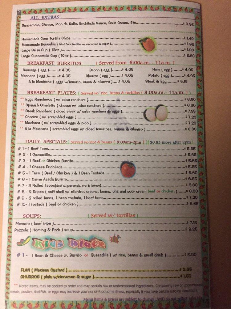 Menu at Don Jose's restaurant, Sun City