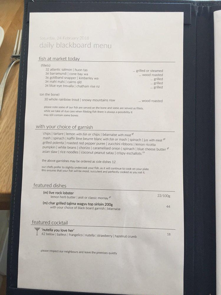 Menu at Garfish Manly restaurant, Manly