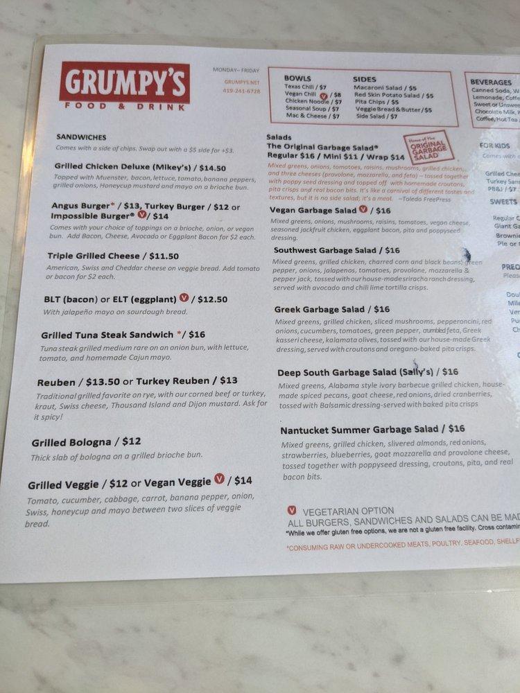 Menu at Grumpy's Toledo restaurant, Toledo