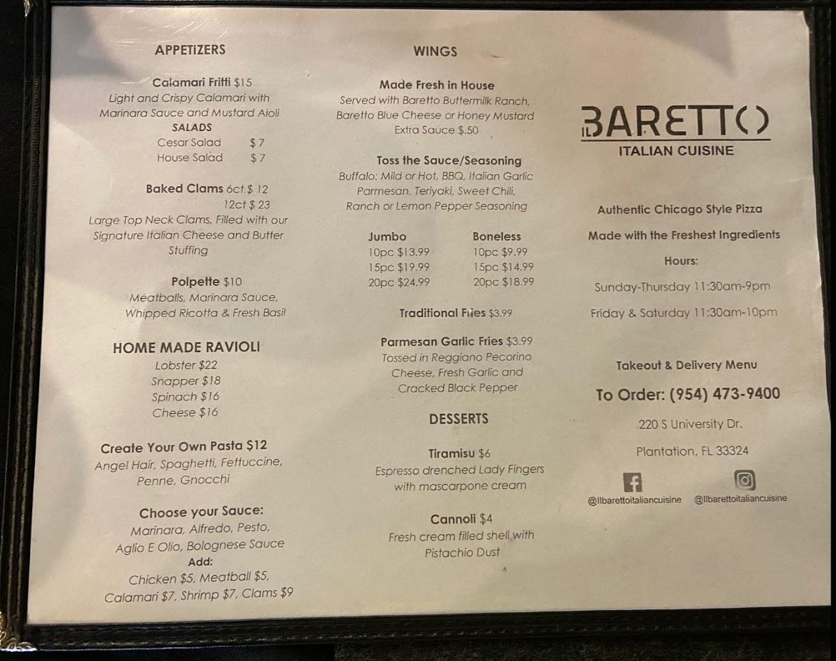 Menu at Il Baretto Ristorante, Plantation