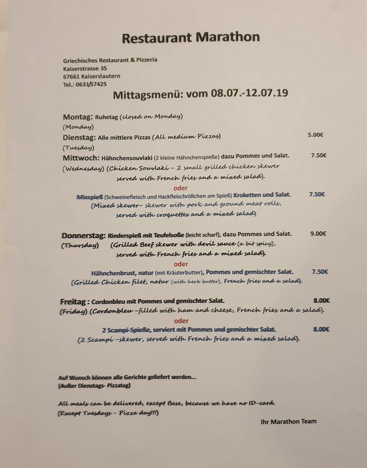 Menu at Marathon restaurant, Kaiserslautern