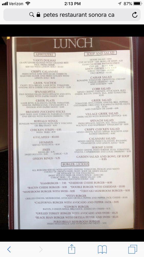 Menu at Pete's restaurant, Sonora