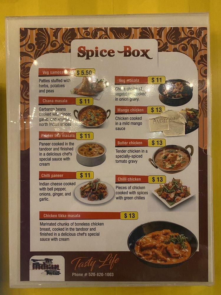 Menu at Spice Box restaurant, Tucson