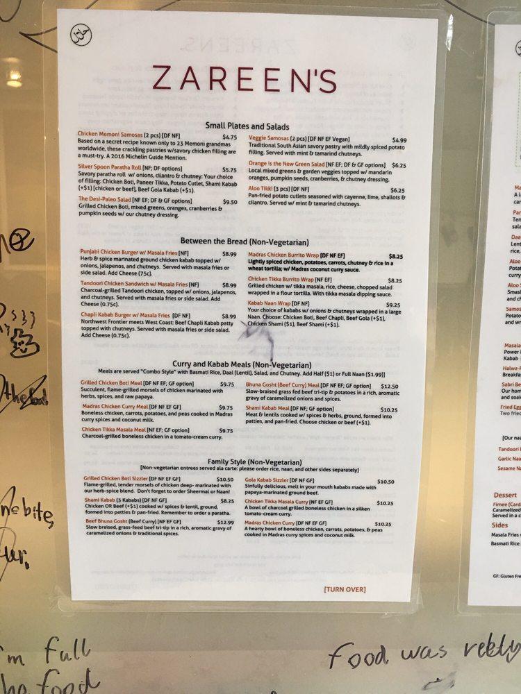 Menu at Zareen's Palo Alto restaurant, Palo Alto
