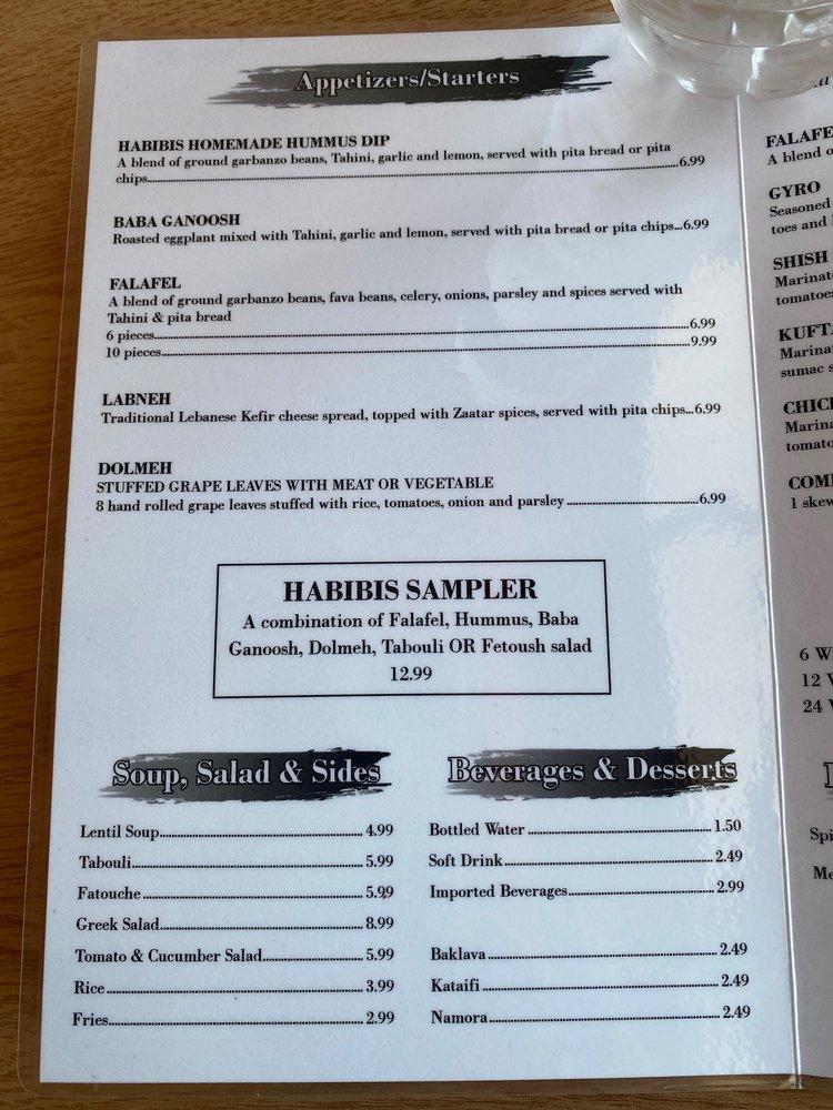 Menu at Habibi's Cafe & Pizzeria, Myrtle Beach