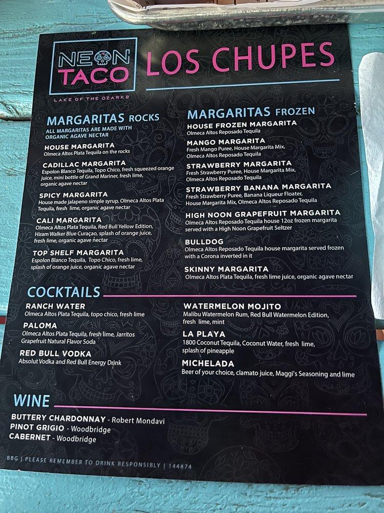 Menu at Neon Taco restaurant, Lake Ozark