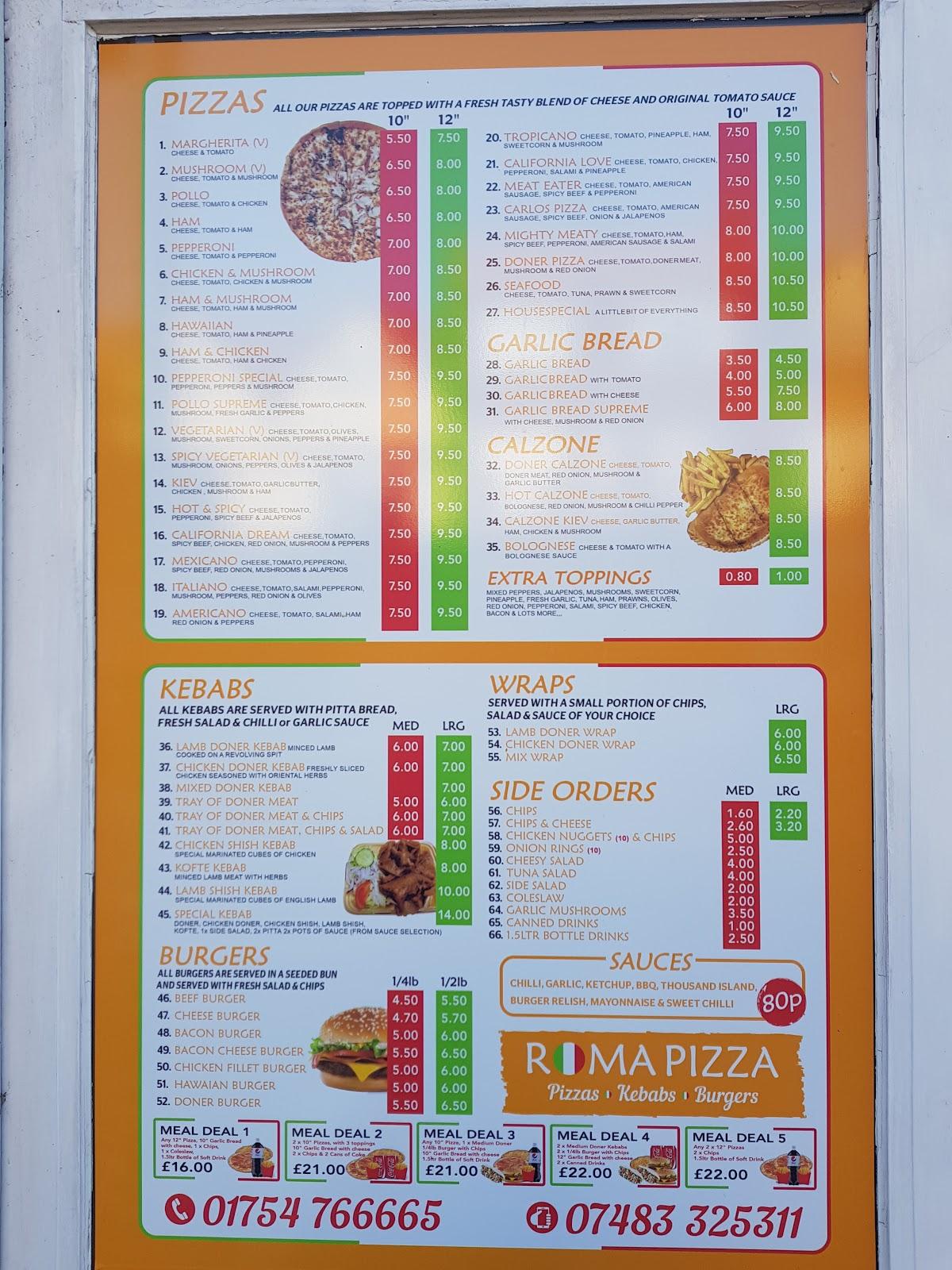 Menu at ROMA PIZZA pizzeria, Skegness