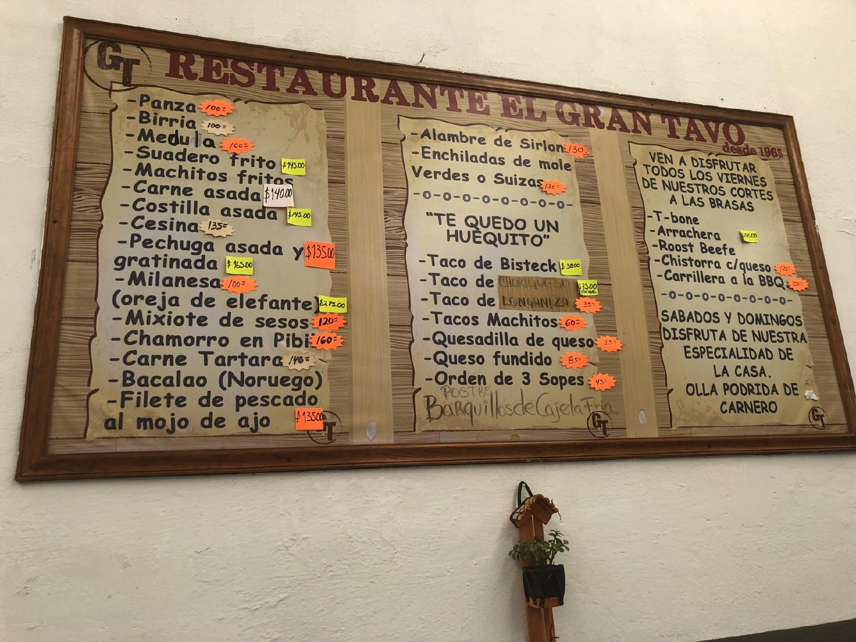 Menu at El Gran Tavo steakhouse, Naucalpan
