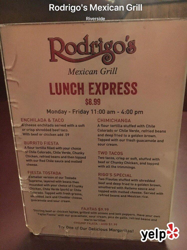 Menu at Rodrigo's Mexican Grill restaurant, Riverside, La Sierra Ave