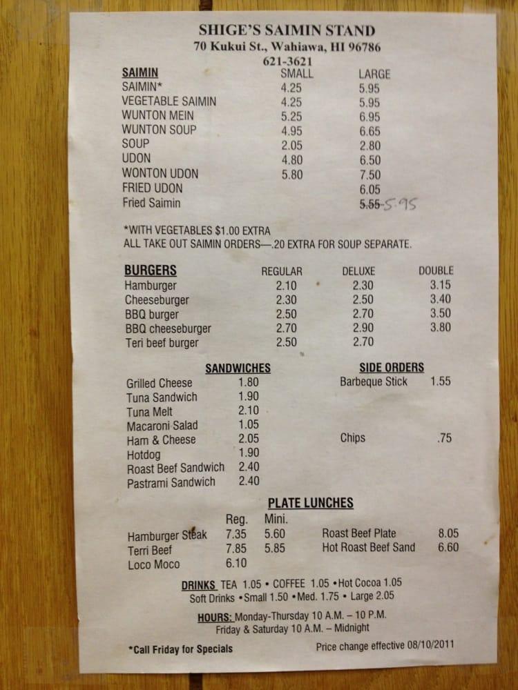 Menu at Shige's Saimin Stand restaurant, Wahiawa