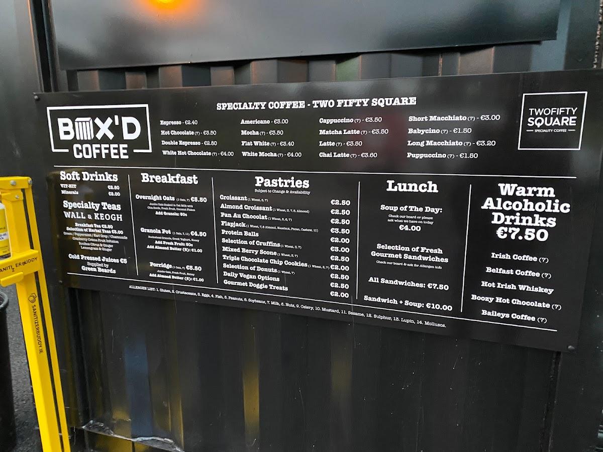 Menu at Box'd Coffee, Dublin