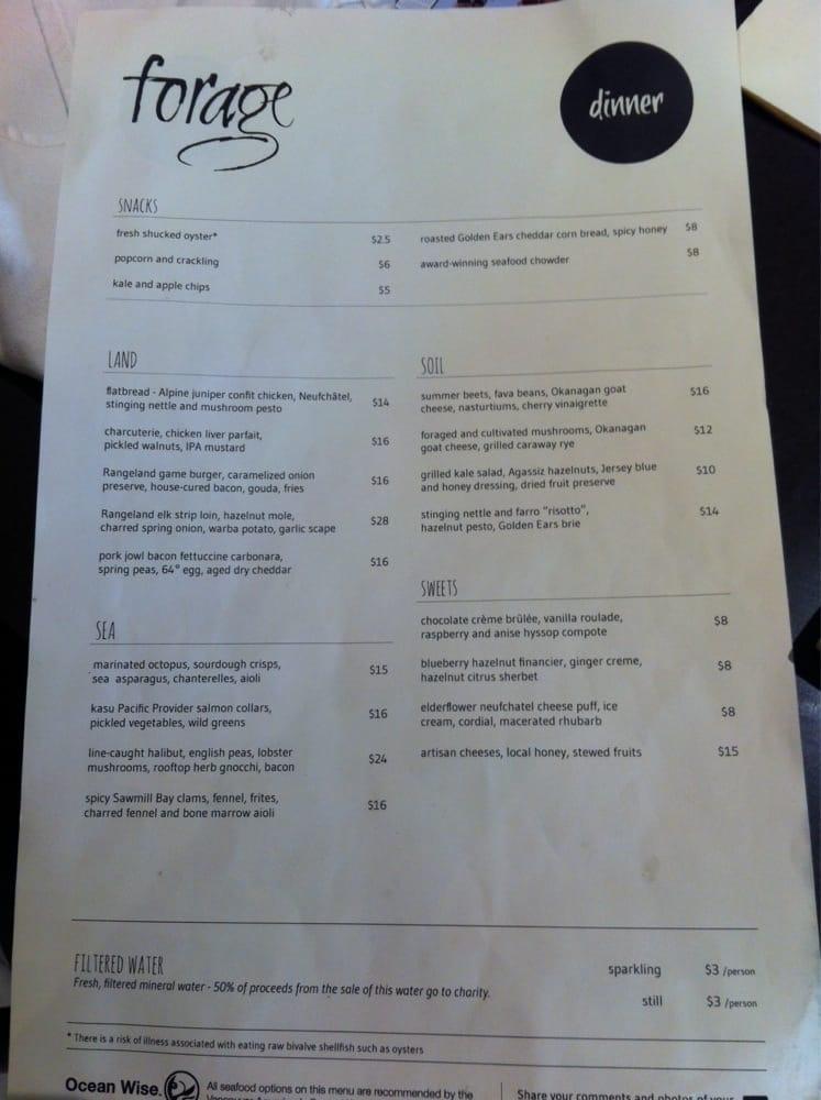 Menu at Forage restaurant, Vancouver