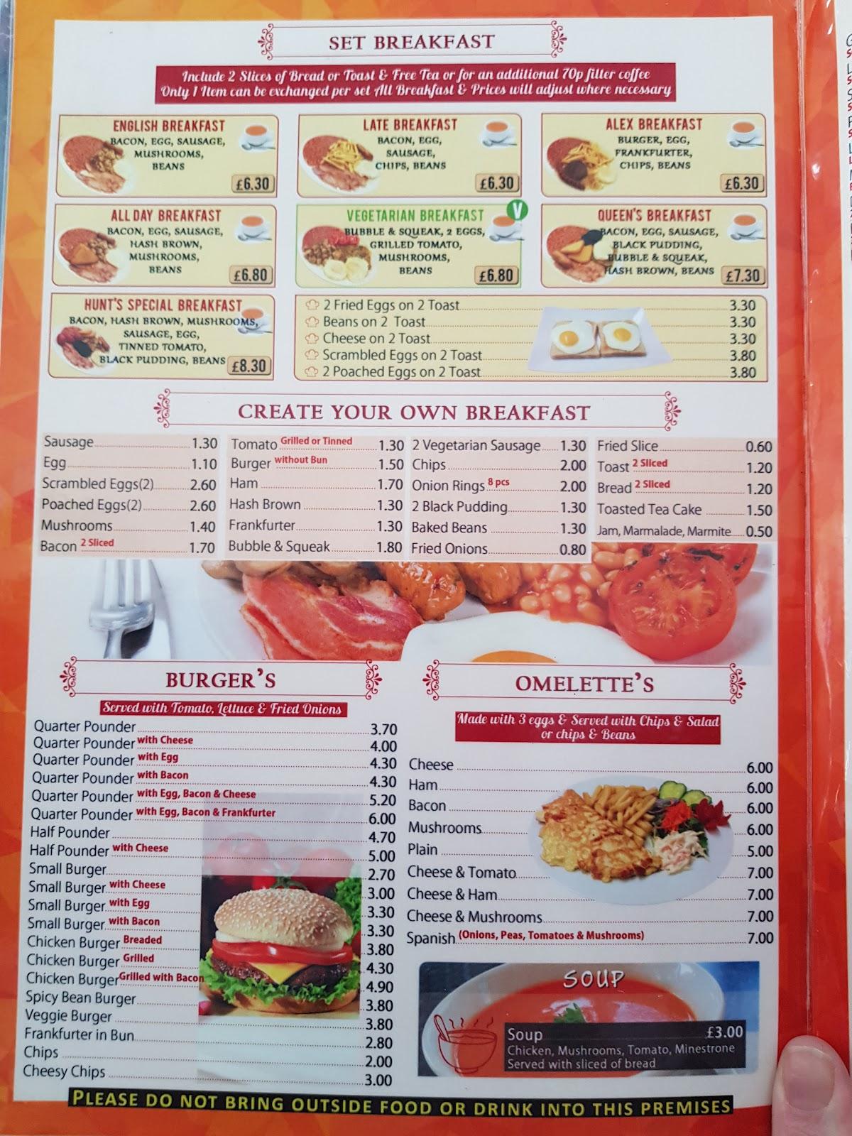 Menu at Hunt's Cafe, Chessington, chessington Business Centre
