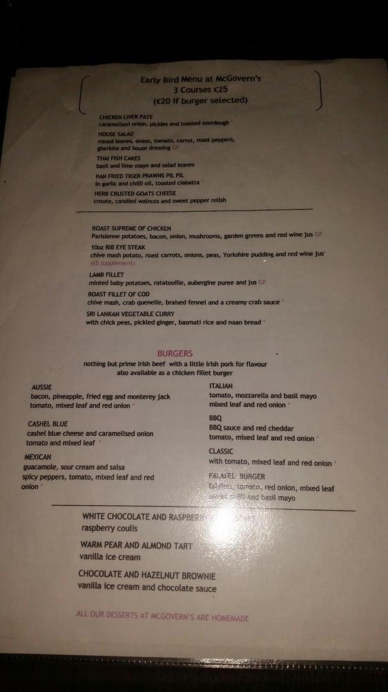Menu at McGoverns Restaurant, Malahide