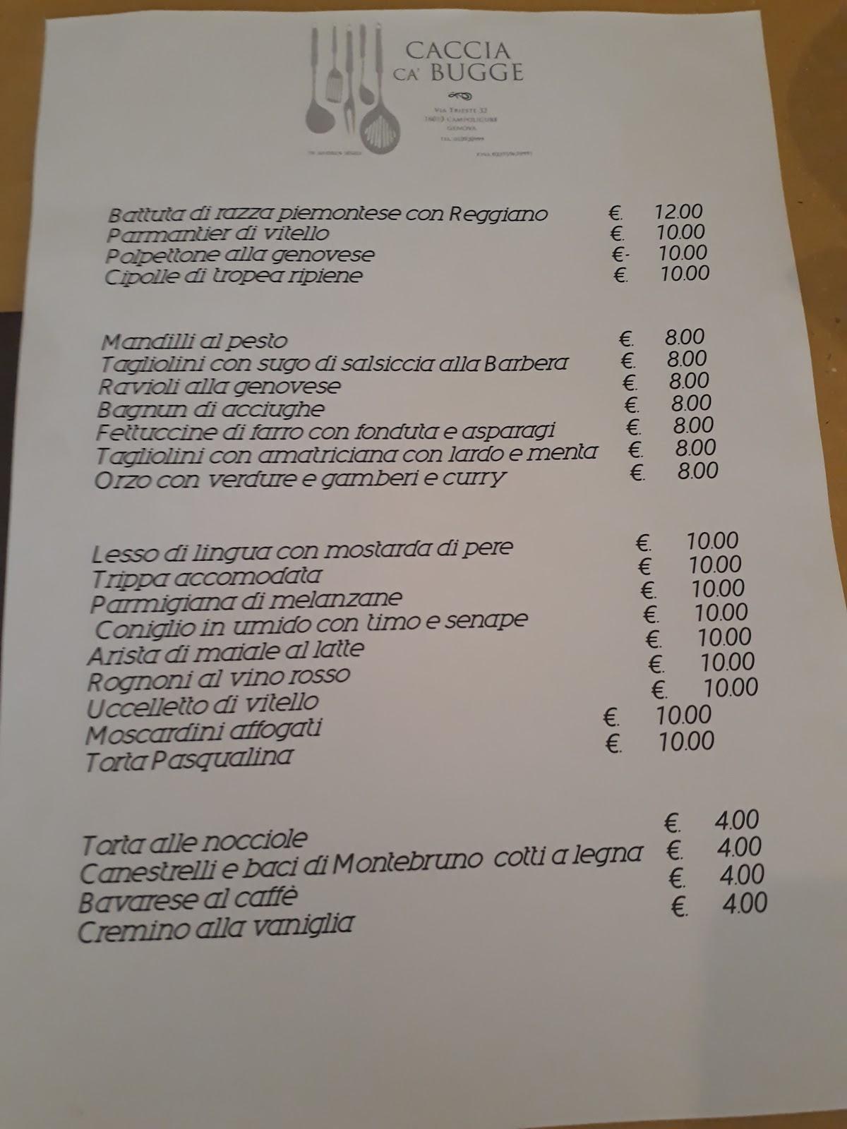 Menu da Caccia ca bugge ristorante, Campo Ligure