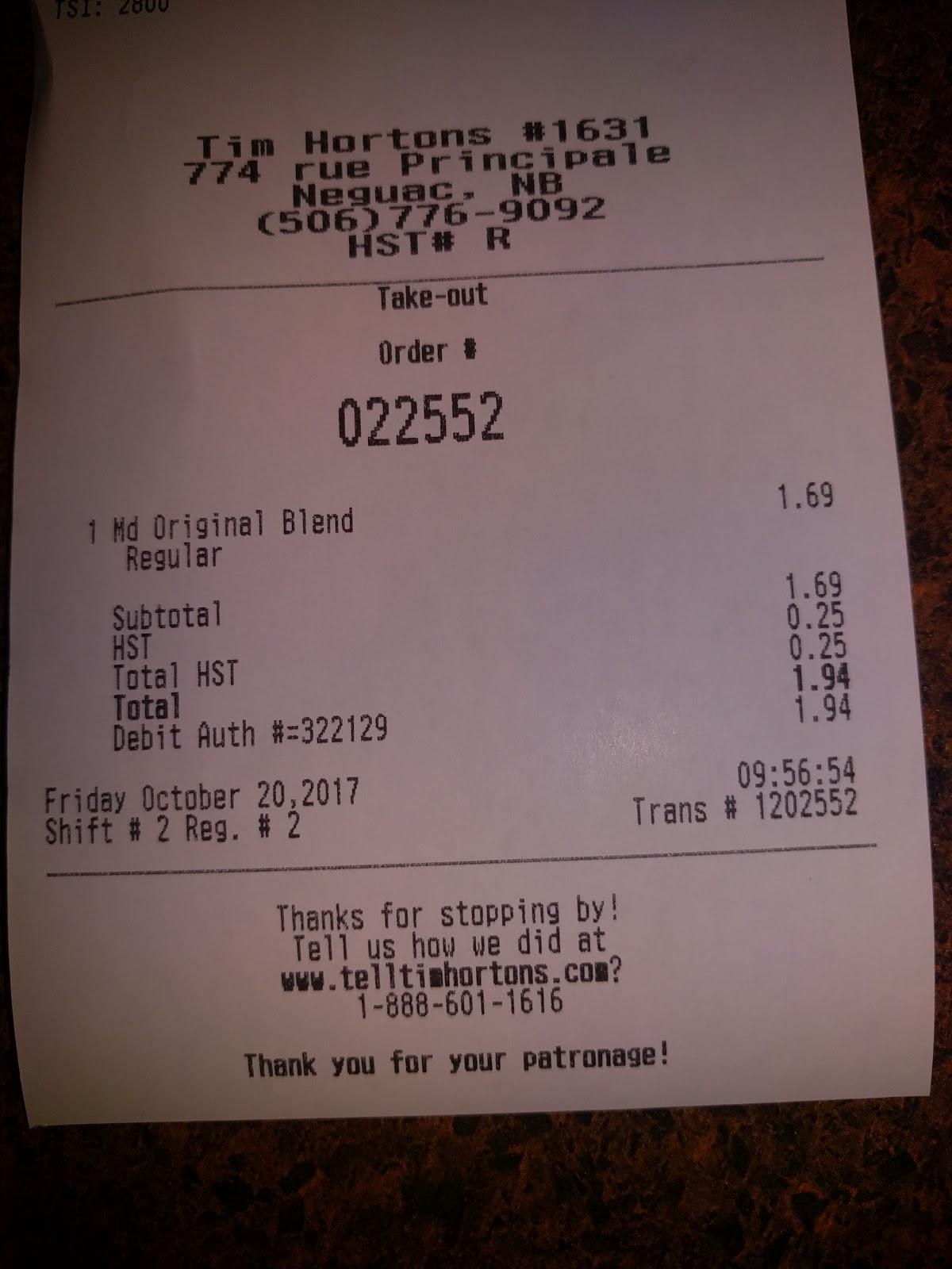 Menu at Tim Hortons fast food, Neguac