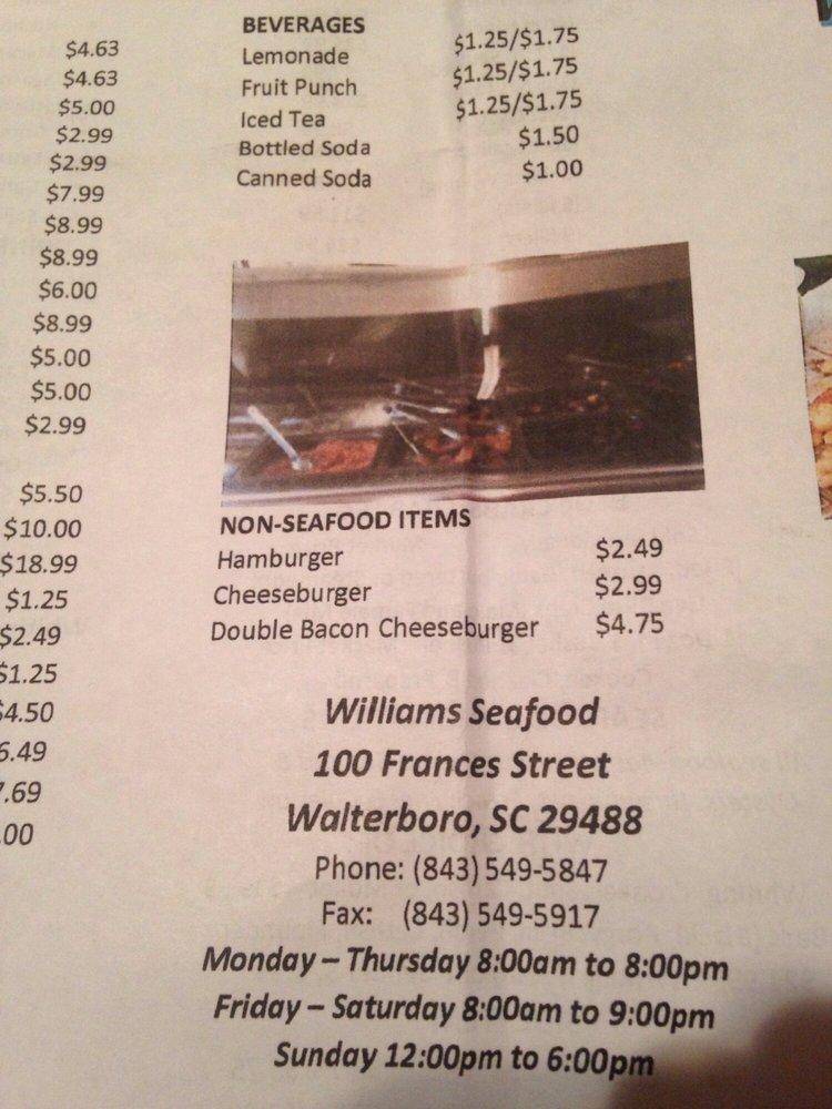 Menu at Williams Seafood restaurant, Walterboro