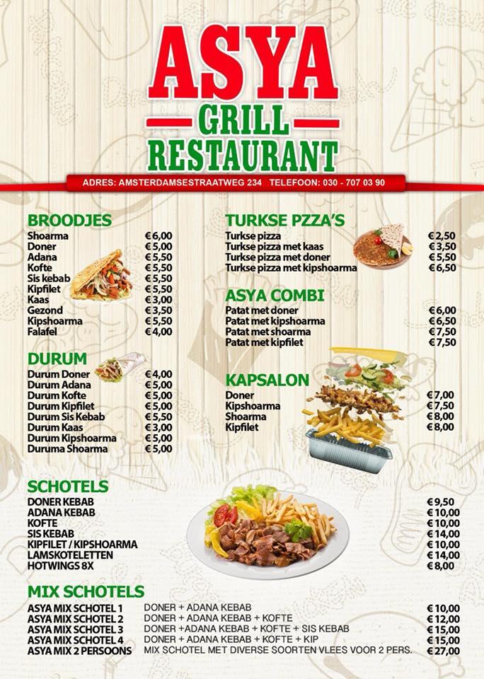 Menu at Asya Restaurant, Utrecht