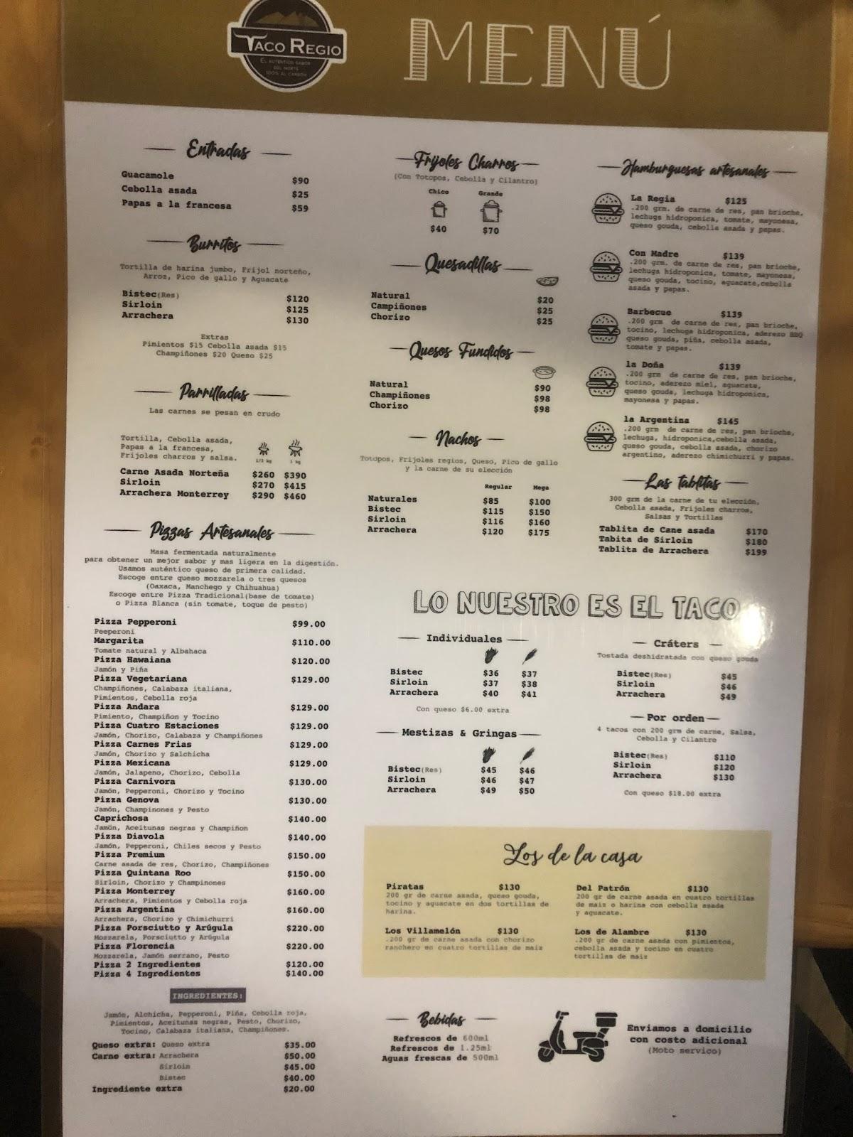 Menu at Taco Regio restaurant, Chetumal, Boulevard Bahia