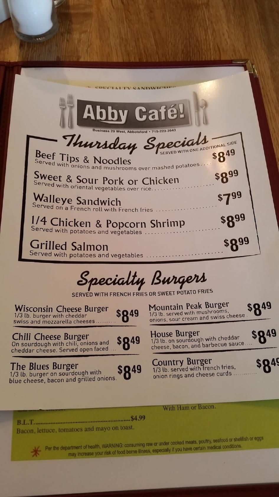 Menu at Abby Cafe, Abbotsford, 206 E Spruce St