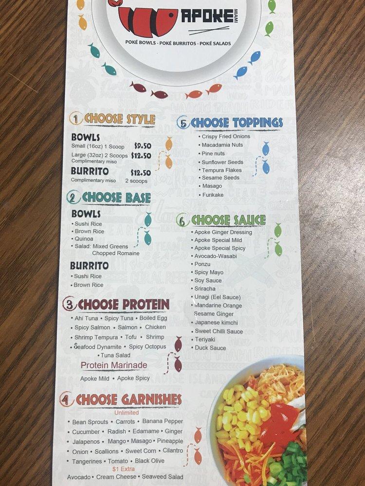 Menu at Apoke Miami restaurant, South Miami